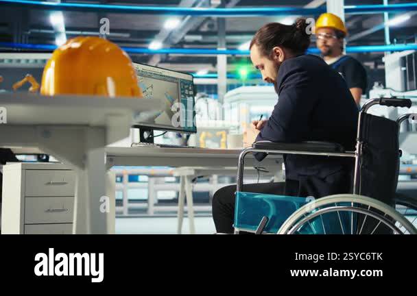 Photovoltaics factory engineer with paraplegia in wheelchair improving ...