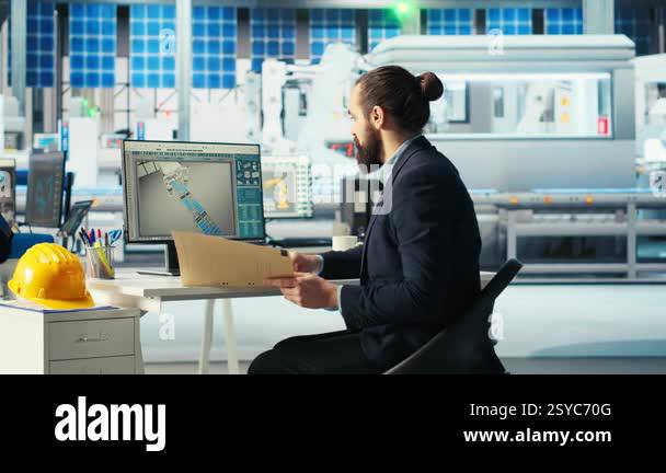 Photovoltaics factory engineer drinking coffee adjusting system parameters. Technician enjoying ...