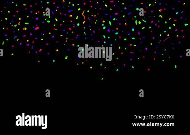 Cartoon confetti in 2D on a black screen. Falling multicolored party ...