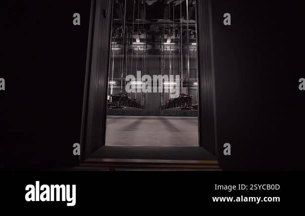 Smoothly Entering Theater Black Box Hall with Large Battens Going Up ...