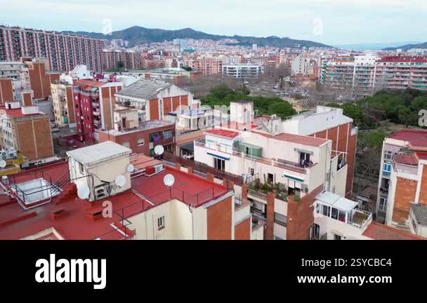 Aerial view of residential neighborhood of Sant Andreu in Barcelona ...