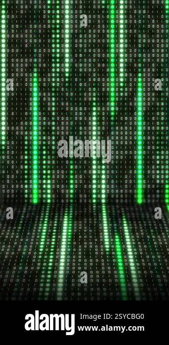 Green round pixels of electronic display with changing software binary code. Colored glowing ...
