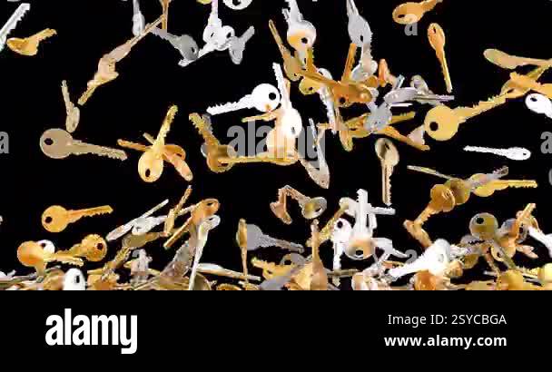 Golden and silver keys falling and fill the screen. 3D animation on ...