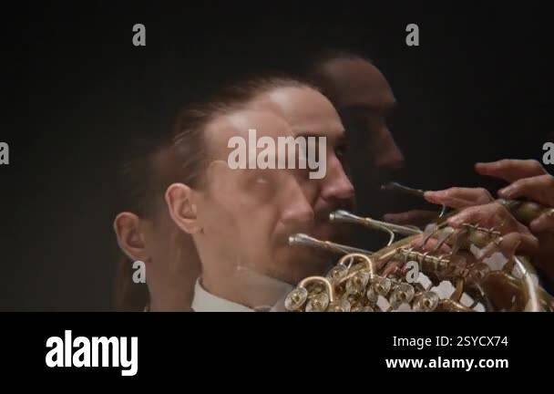 Double vision shot of young skilled Caucasian male musician playing ...