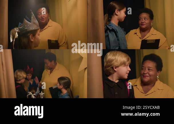 Split screen of senior theater director and diverse group of kids ...