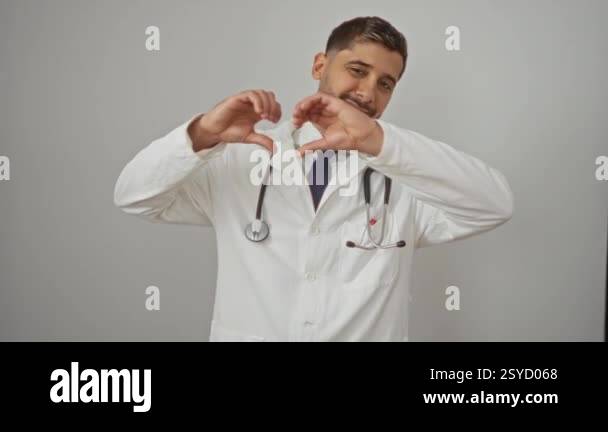 Doctor smiling man making heart shape with hands over white background ...