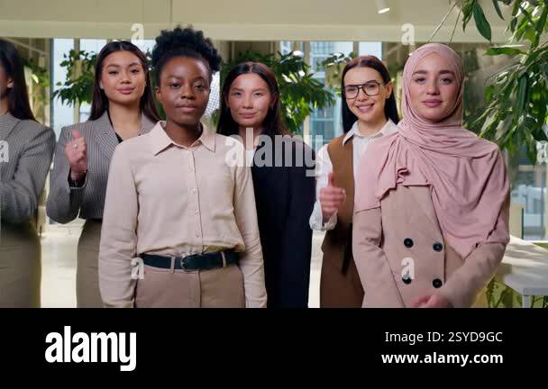 Positive joyful multiethnic women females diverse five girls coworkers ...