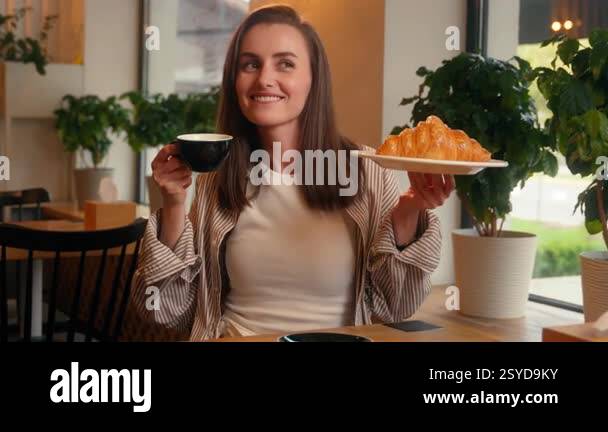 Happy smiling positive Caucasian woman female cafe visitor girl in ...