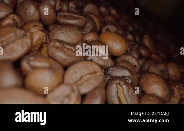roasted coffee beans macro shot, panorama from the right. vertical ...