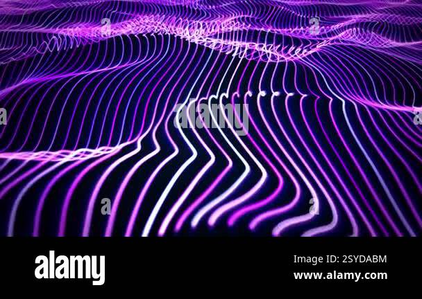 Smooth waves of neon light strings slowly floating on a dark background with futuristic glow ...