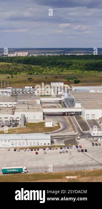 Modern technology manufacturing plant. Drone view of manufacturing area ...