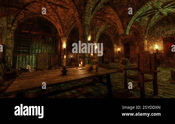3D animation of a medieval dungeon room with flickering candles on a ...