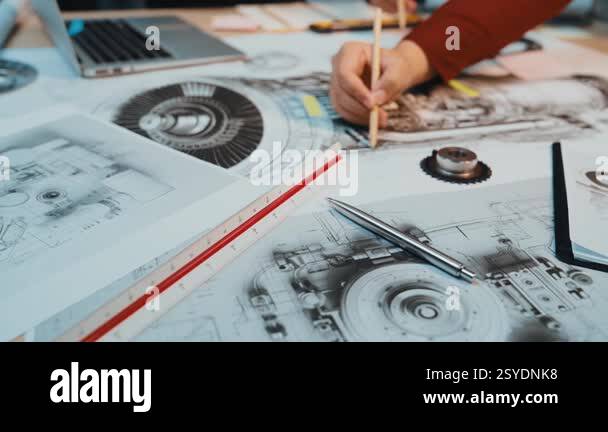 A focused individual examines intricate technical drawings in a modern ...