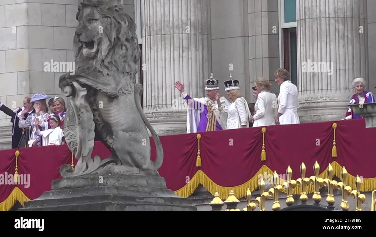 King and Queen wave from Palace balcony and watch scaled-down flypast ...