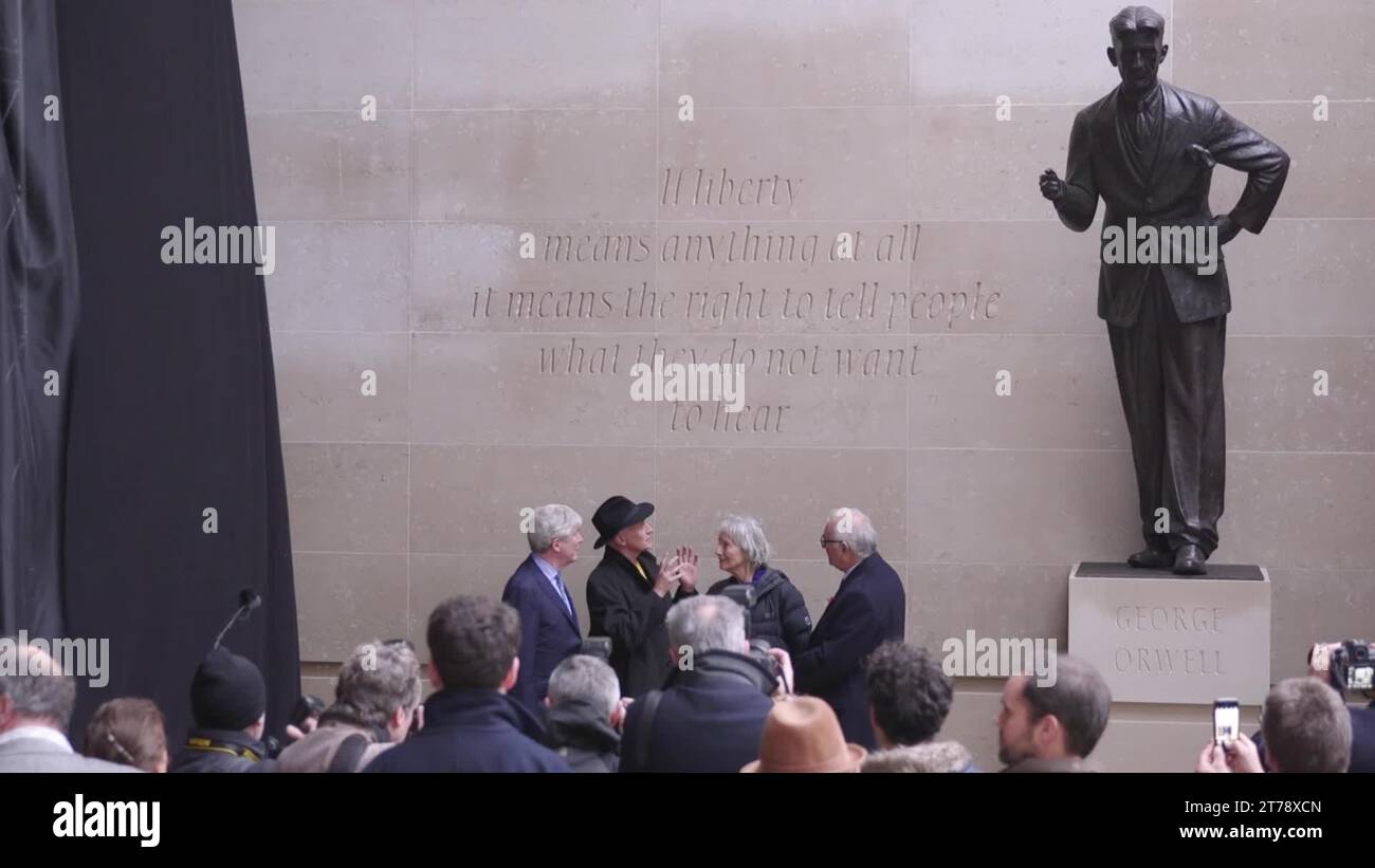George Orwell statue unveiled outside BBC by his son Stock Video ...