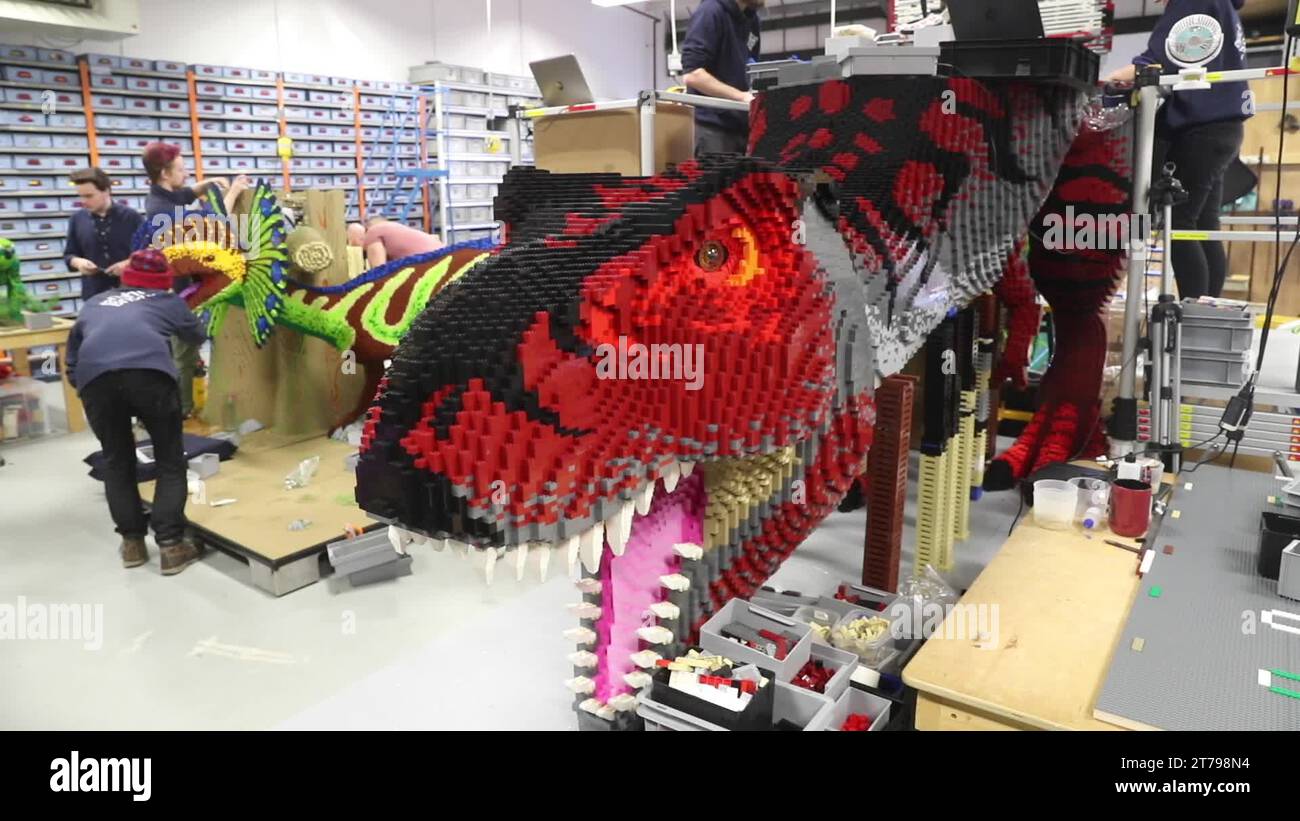 Marwell Zoo's new life-size lego dinosaur Stock Video Footage - Alamy