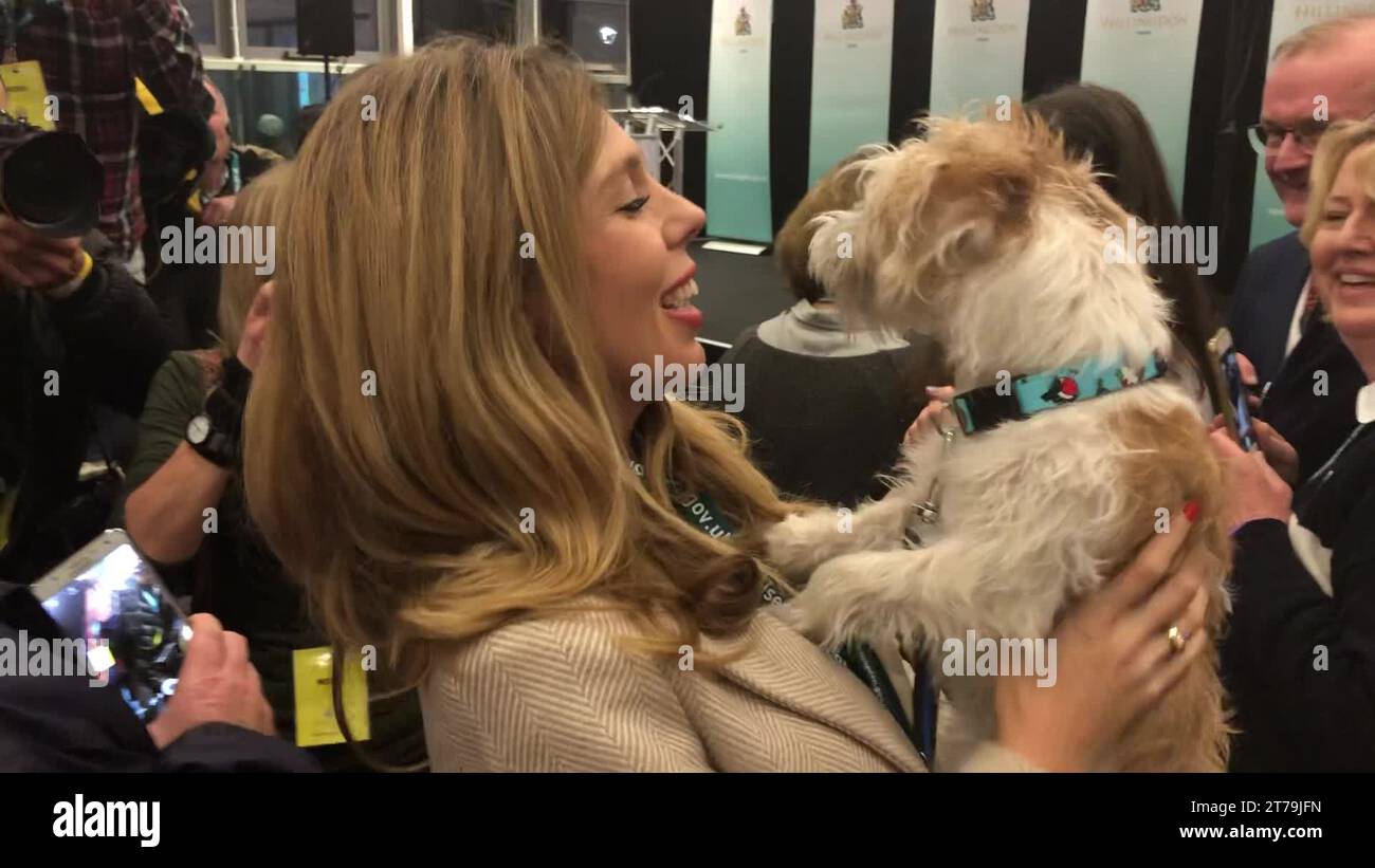 Boris Johnson's partner Carrie Symonds poses with dog Dilyn at Uxbridge ...