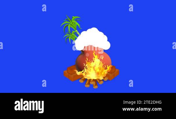 Happy Pongal festival pot and sugarcane on on blue screen. Can be used ...