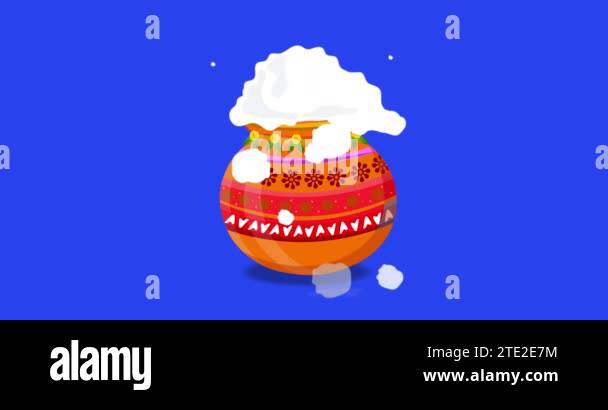 Pongal overflows in a Pongal pot on a blue screen background in an ...