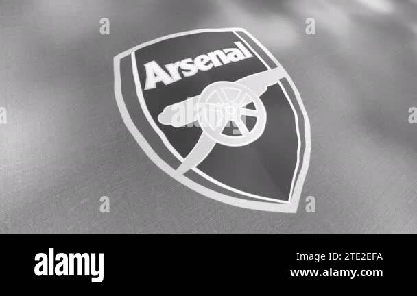 Waving flag with Arsenal football team logo, close-up. Motion. Black ...