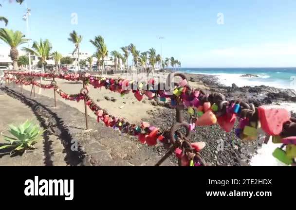 Love Locks and Palm trees blowing on a beach on a windy day close to ...