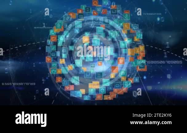 Animation of social media icons over scope scanning. global social ...