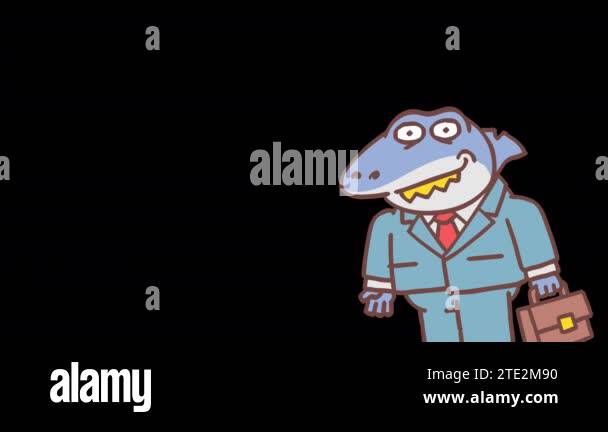 Boss shark appears on screen holds suitcase and points finger at. Frame ...