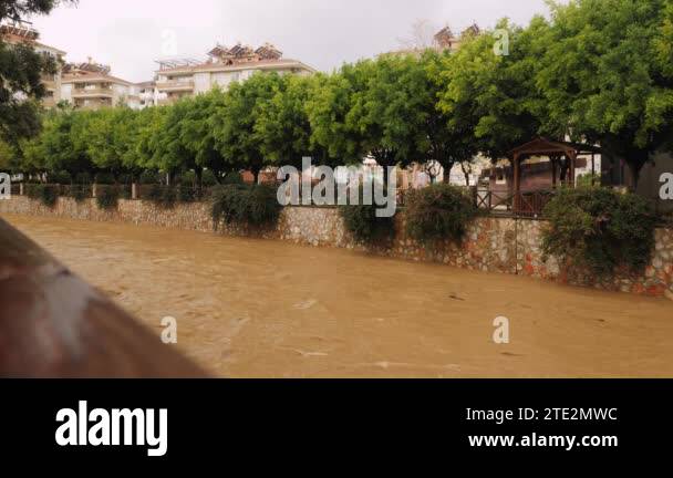 Water pollution. Dirty river with muddy brown water in flooding period ...