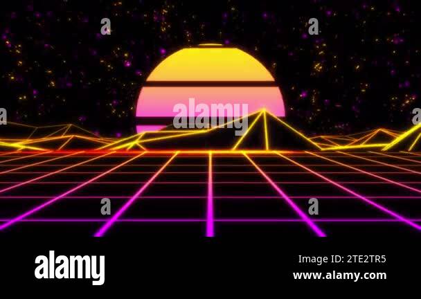 Concept 16-N1 Infinite abstract neon retrowave looping animated background with moving grid ...