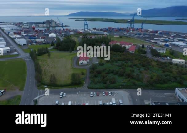 Drone view of Sundahofn cargo port in Reykjavik, Iceland. The coastal ...