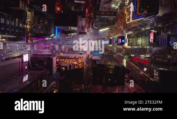 Aerial birds eye overhead top down footage of Times Square at night ...