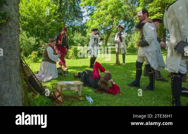 Medieval French soldiers in the camp with a traveling salesman Stock ...