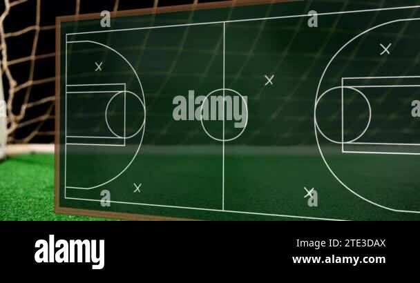 Animation of sports pitch and game play diagram over football in goal ...