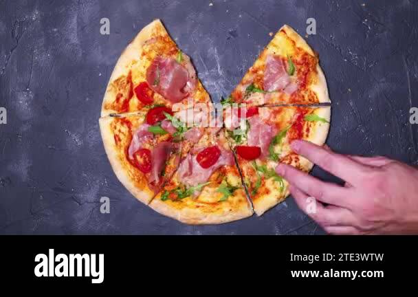 Pizza. Stop motion animation. movement of pizza slices top view Stock ...