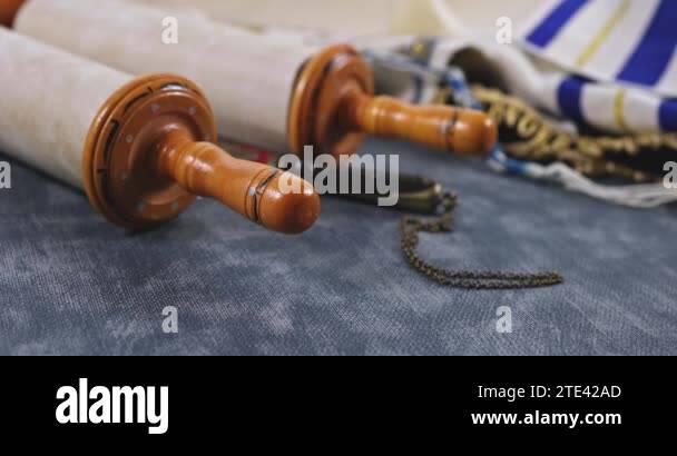 Jewish holidays, during prayer items kippa with prayer shawl tallit on ...