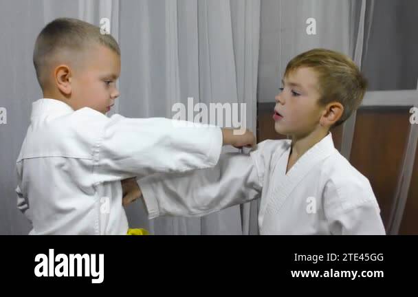 Two little athletes perform paired punch and hand block exercises Stock ...