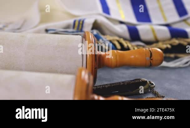 Jewish holidays, during prayer items kippa with prayer shawl tallit on ...