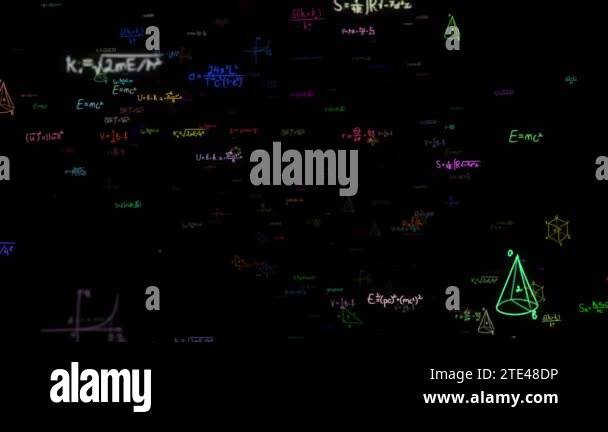 Camera flies Through matrix made up of Color Math and Equation. Handwritten geometrical figures ...