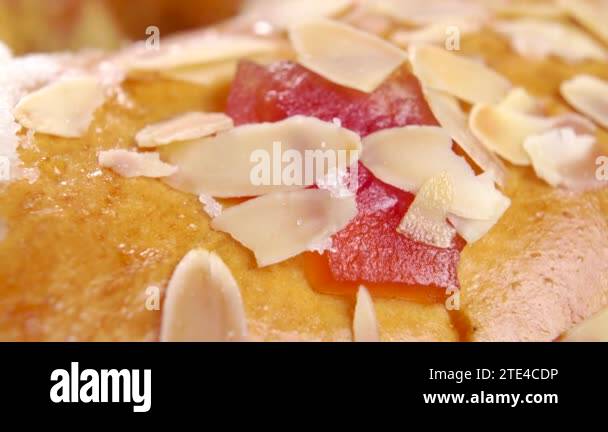 Baked Roscon de Reyes with fruits and nuts. Traditional kings day bread ...