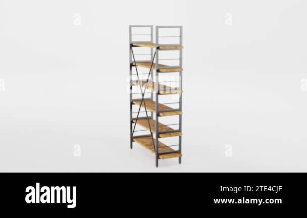 Wooden shelving with metal base, 3d motion graphic animation. Empty ...