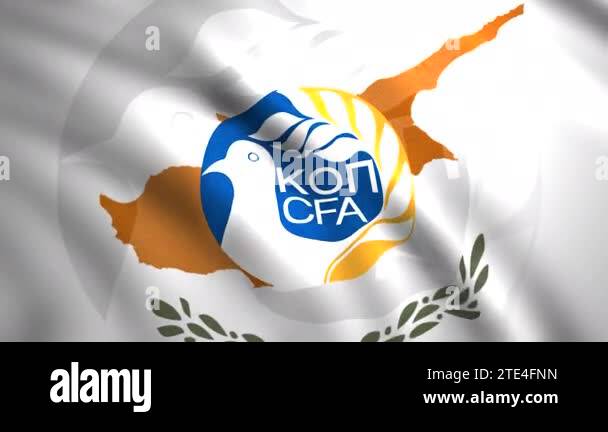 Flags of countries with emblems of football clubs. Motion. Close-up of ...