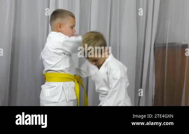 Two athletes practice doubles punch and arm block with a throw grip ...