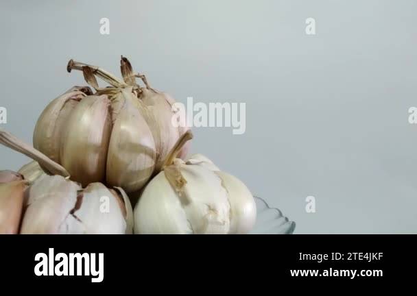 Concept 13-K1 Spinning plate full of garlic with white background on ...
