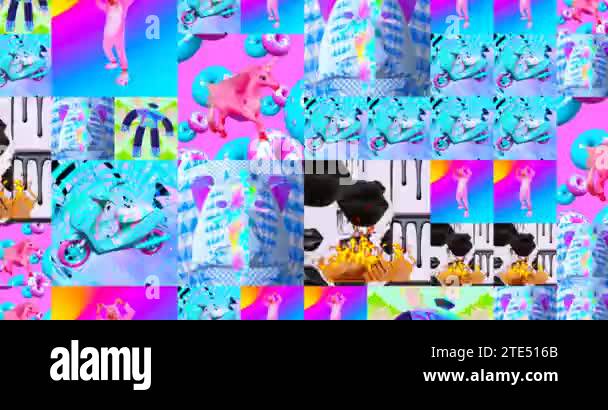 Looped 4k animation. 2d, 3d Crazy chaos mix of fashion objects and ...