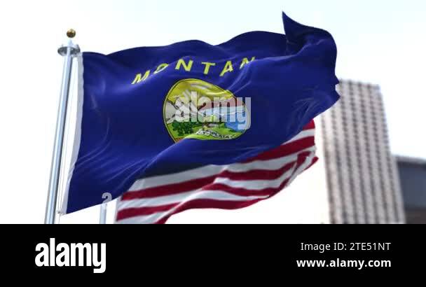 the flag of the US state of Montana waving in the wind with the ...