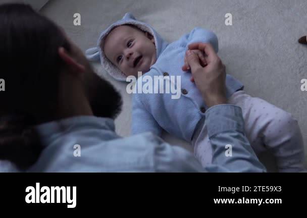 Authentic Bearded Long-haired Young Neo Father And Newborn Baby Looking ...