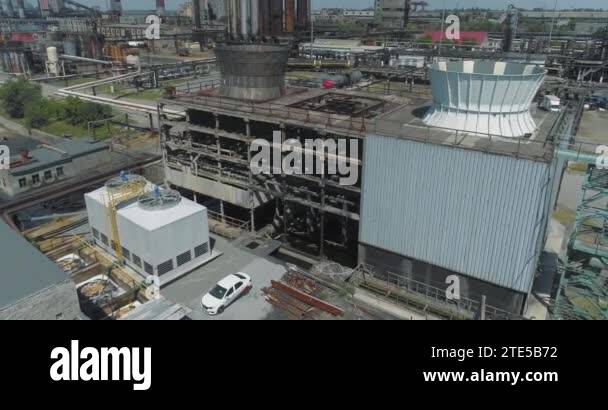 Industrial cooling towers. Cooling tower from a drone. Wet cooling ...