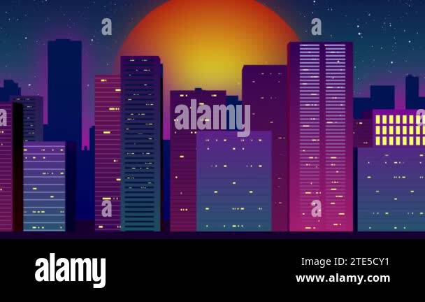 Cityscape view animation. Retrowave design, purple buildings and orange ...