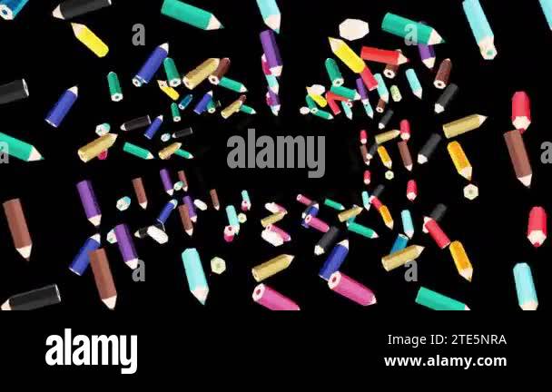 Many colored pencils floating in air on black background. Education ...