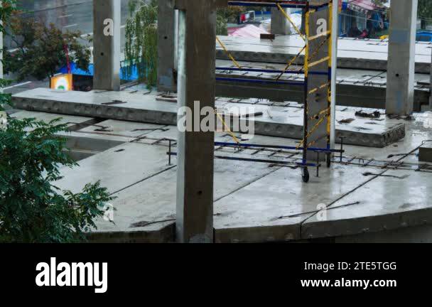 Construction site in the rain. The builders left the workplace due to ...